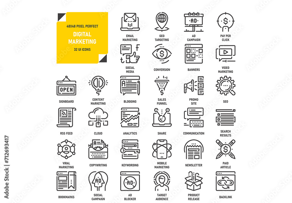 Vector set of digital marketing flat line web icons. Each icon with ...