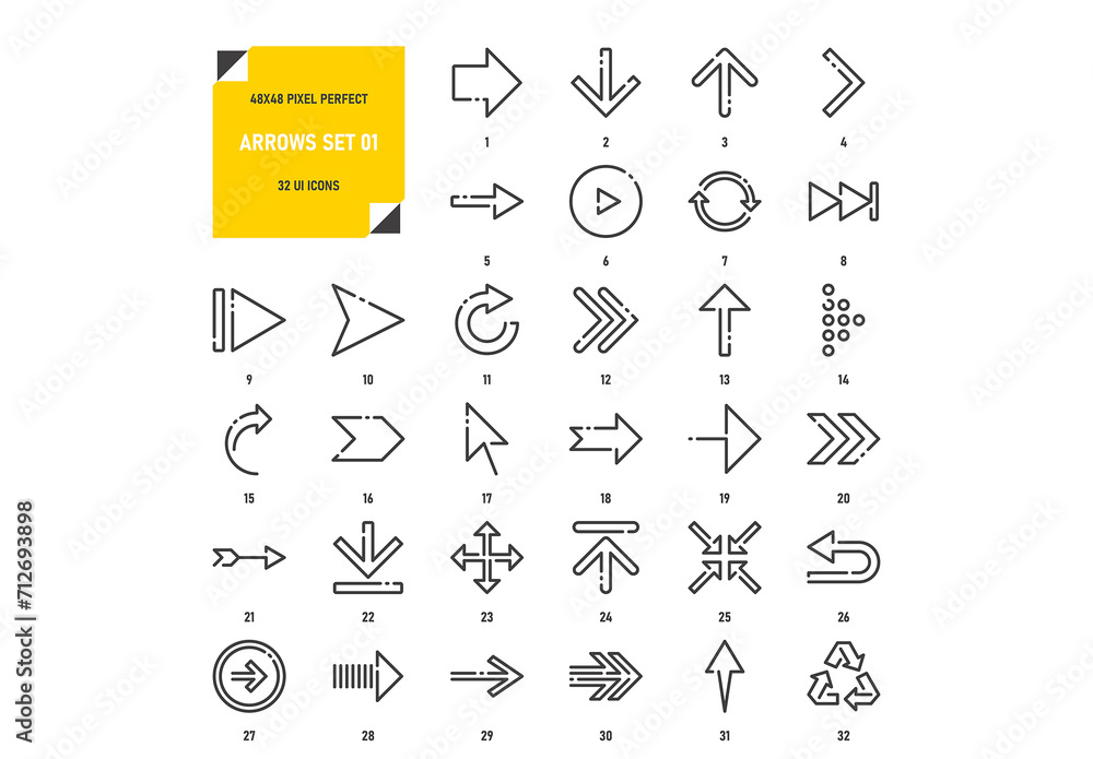 Vector set of arrows flat line web icons. Each icon with adjustable ...