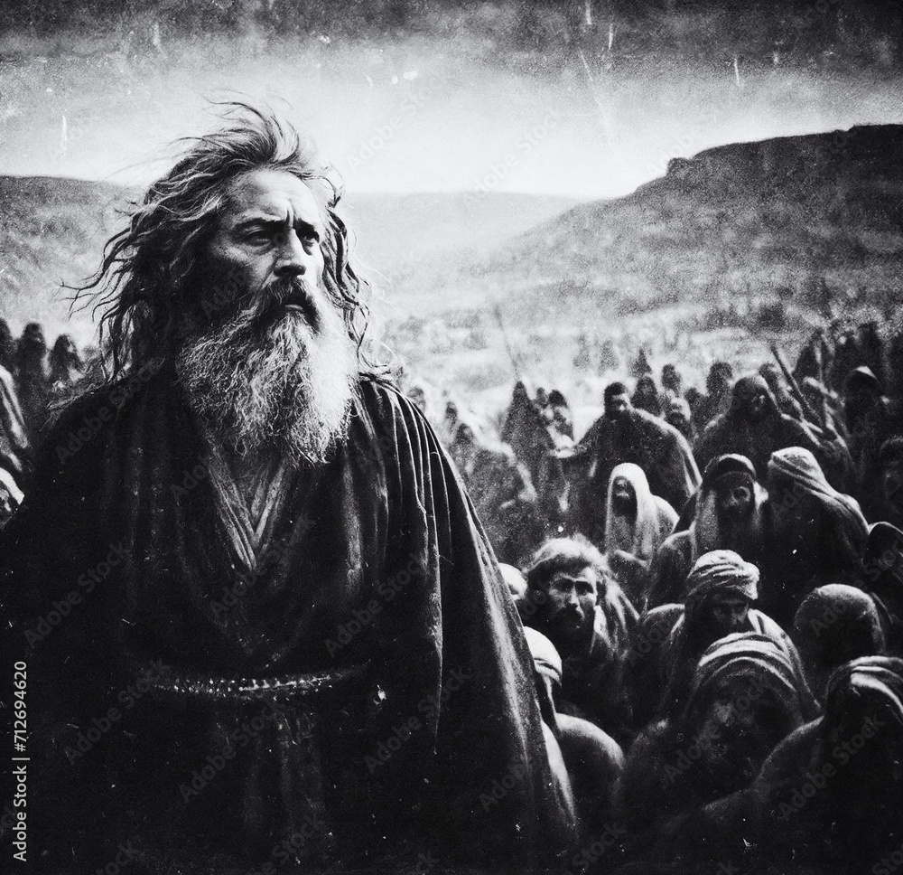 Moses in the desert with the Israelite people, from bible times, long ...