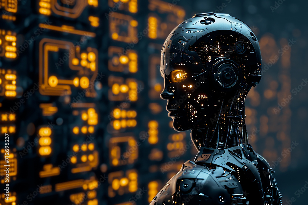 android robot head, black humanoid robot head with intricate details and glowing yellow eyes ...