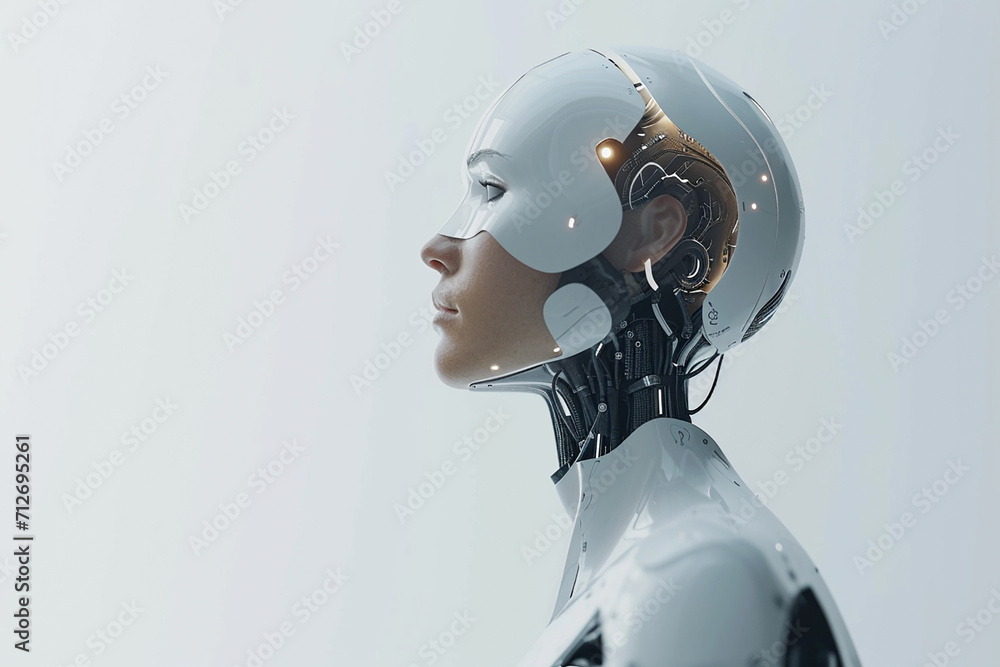 close-up side profile of humanoid robot with sleek white design ...