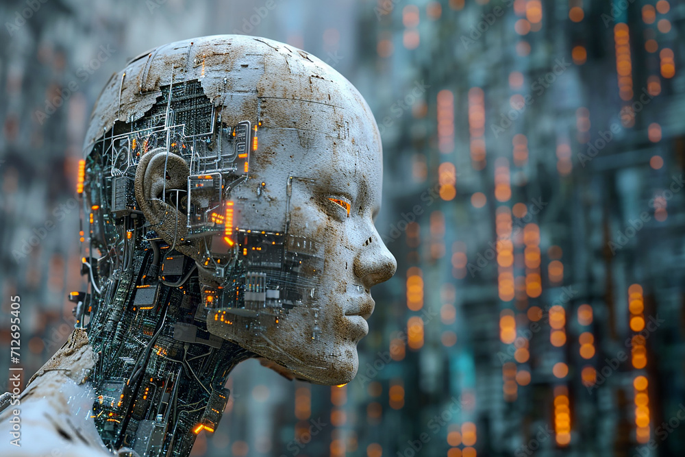 close-up of an android head with a visible internal structure of ...