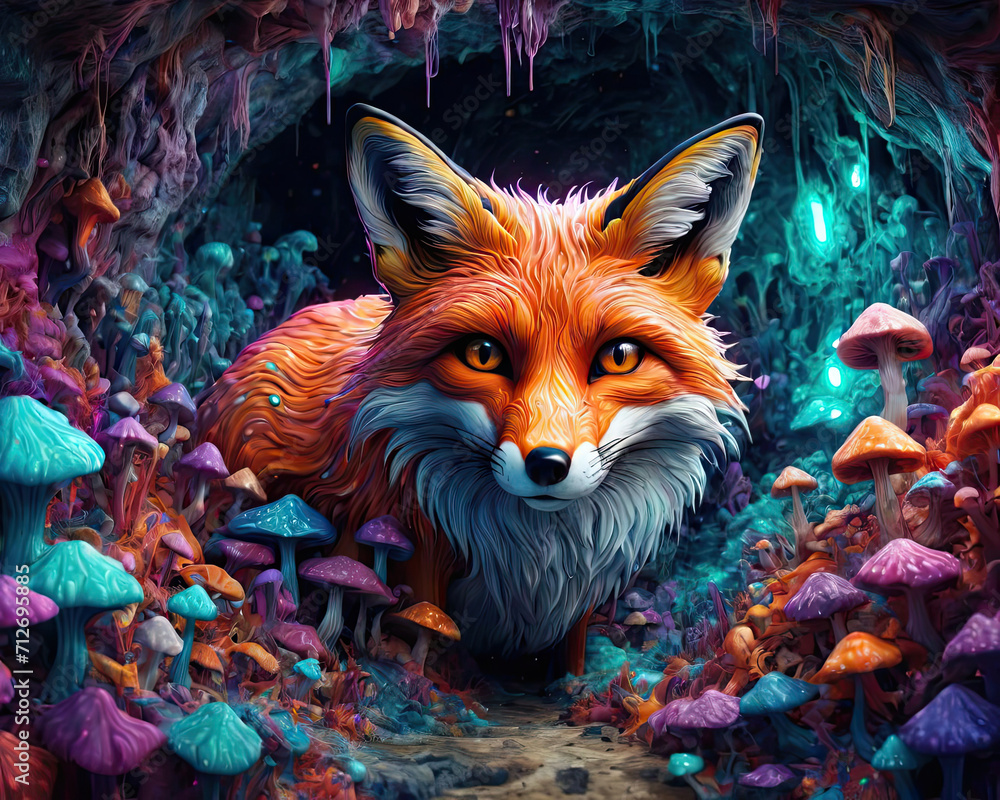 Psychedelic Trip - Close-up of a fox, hand, and face in a gloomy ...