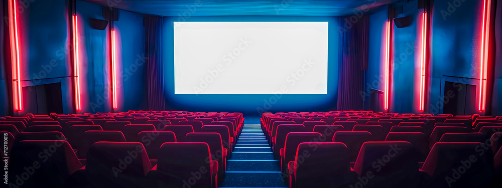 cinema hall with rows of red seats and atmospheric blue and red neon ...