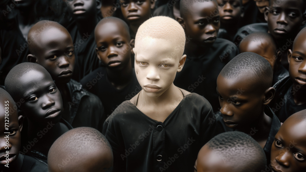 An African albino boy stands in the center of a crowd of other dark ...