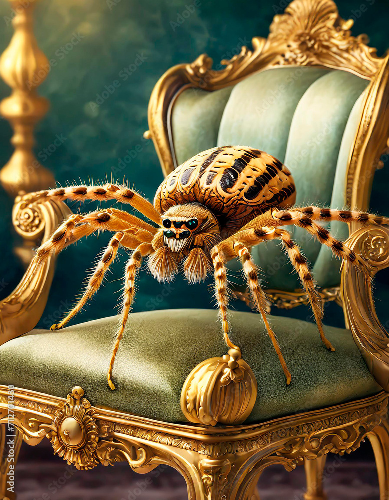 Ramona, Cake; giant spider on a golden Grand Edwardian Chair, close-up ...