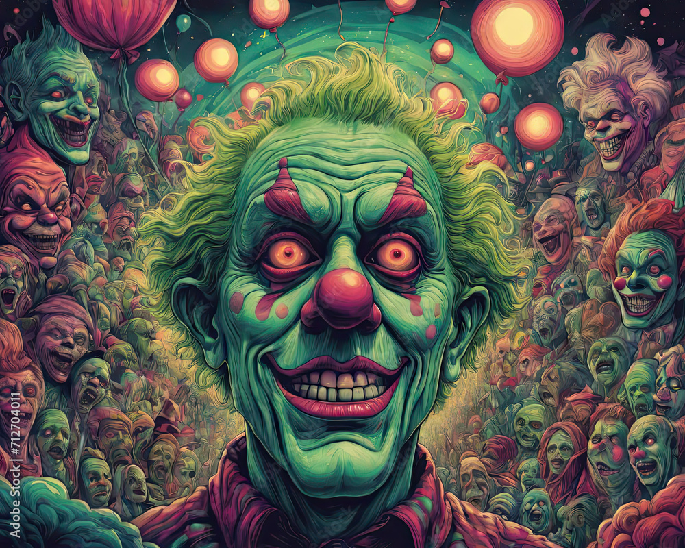 Psychedelic Horror - Close-up of a man's face, distorted clowns ...