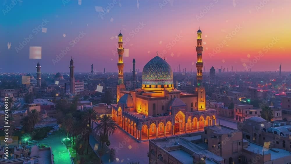 Islamic background with mosque silhouette and fireworks in the sky ...