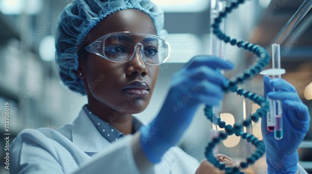 African-American lab technician wearing a medical scrubs and cap in a ...