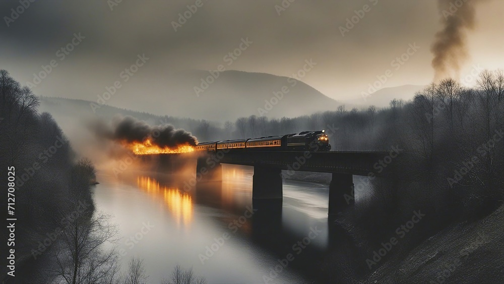 sunrise over the river A burning train on fire, exploding, that crosses ...