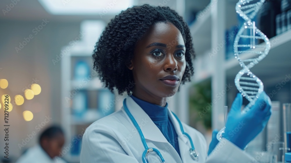 African-American lab technician wearing a medical scrubs and cap in a ...