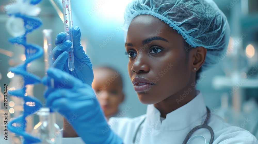 African-American lab technician wearing a medical scrubs and cap in a ...