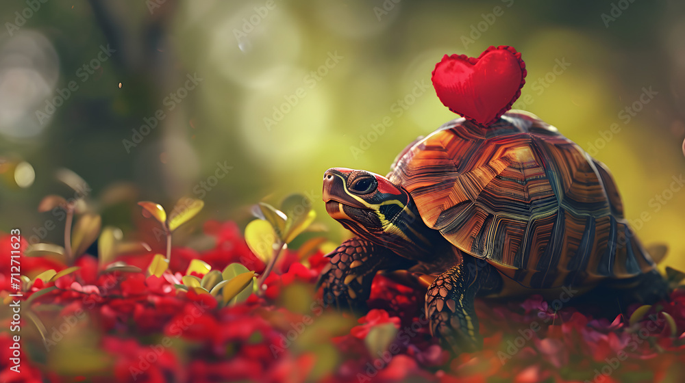 An endearing box turtle with a heart-shaped shell explores the colorful ...