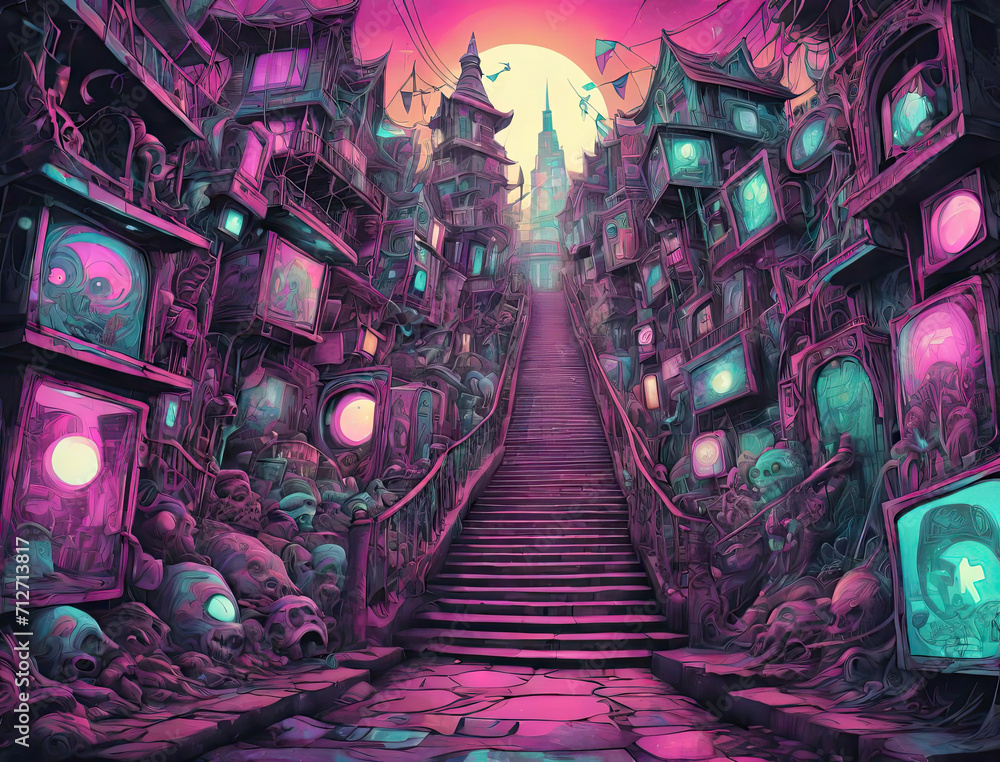 Psychedelic Dystopian Carnival with Monk on Staircase and Distorted ...