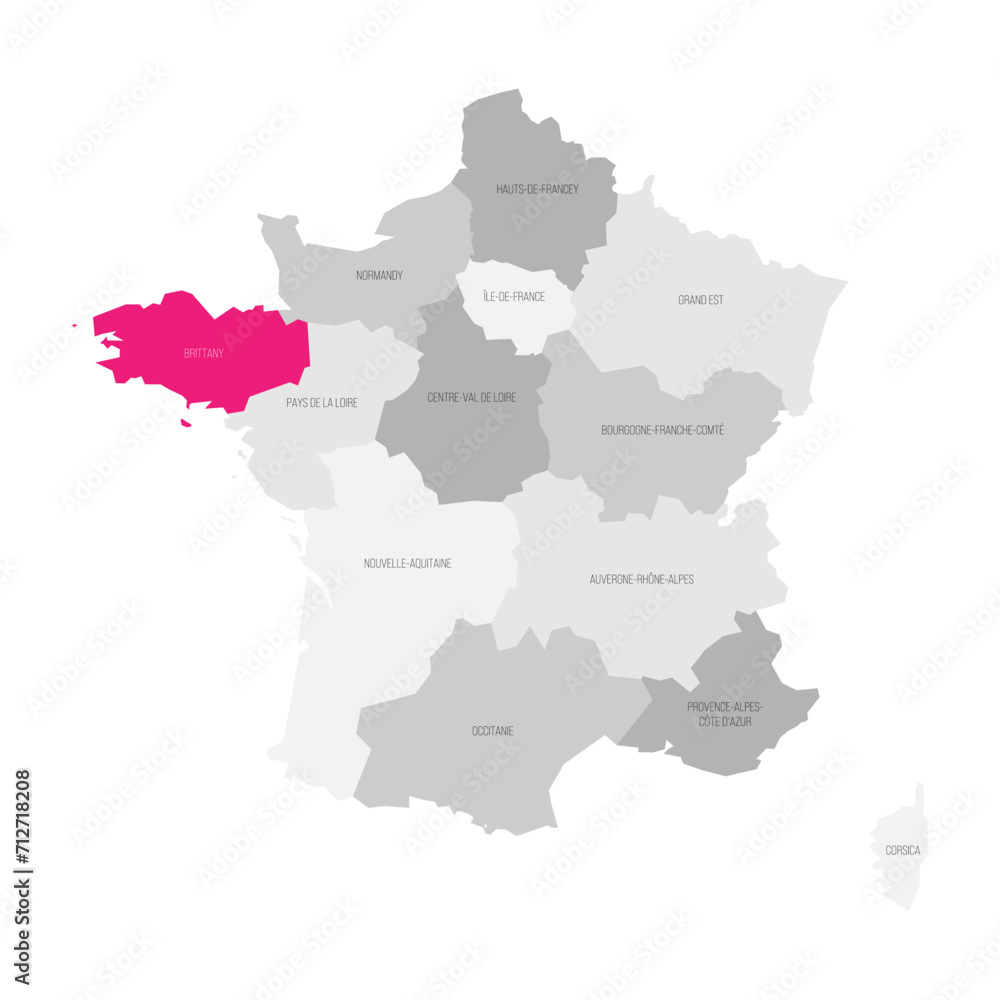Brittany - map of administrative division, region, pink highlighted in ...