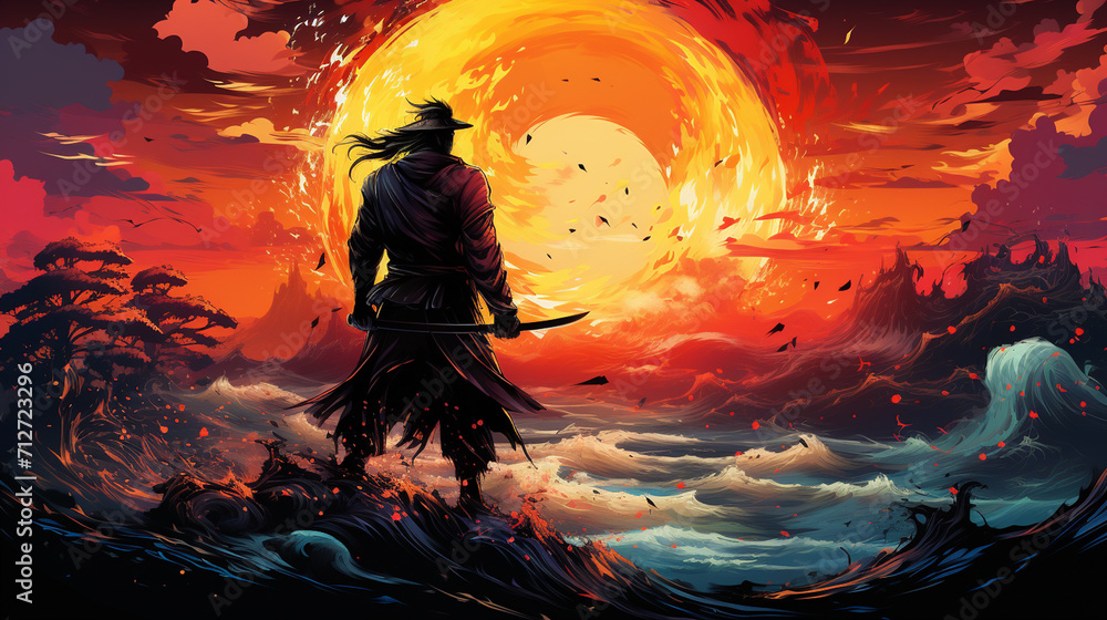 Samurai composition cartoon designed on sunlight background graphic ...