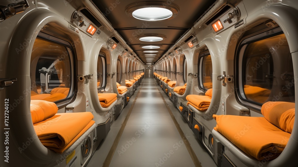 Modern capsule hotel interior with functional design, cozy sleeping ...