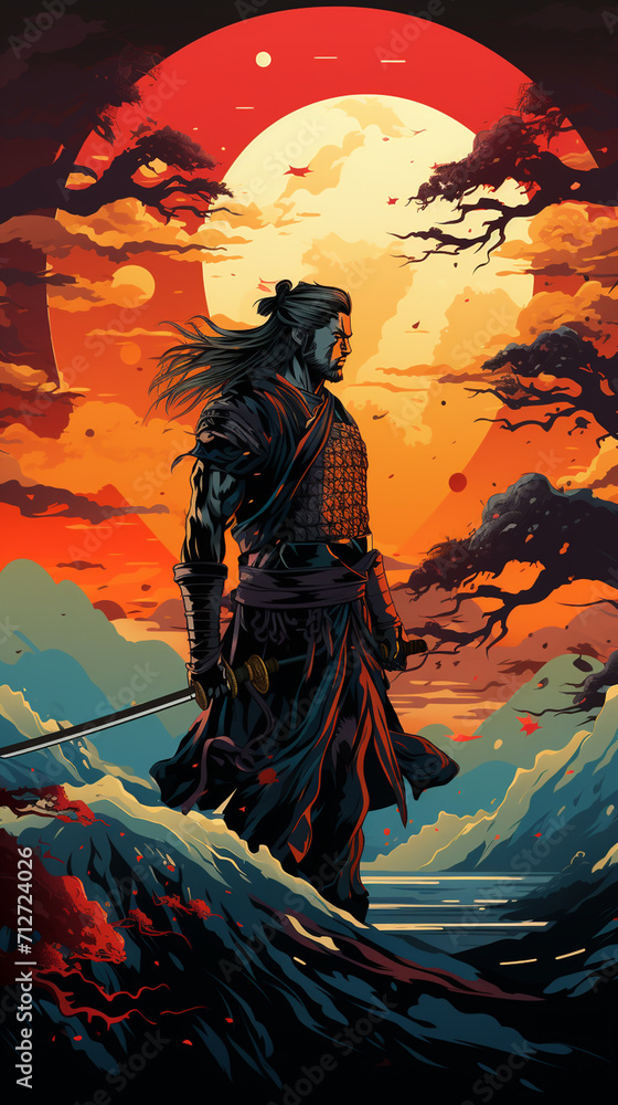 Samurai composition cartoon designed on sunlight background graphic ...