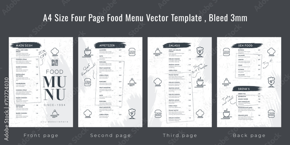 Restaurant cafe menu, template design, A4 size four page food menu ...