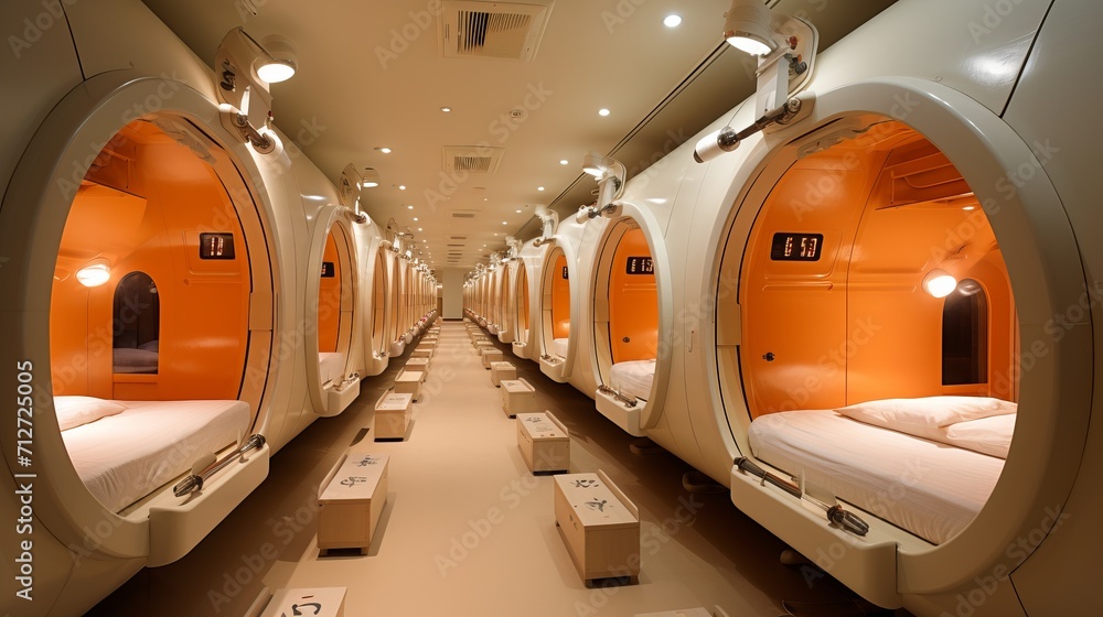 Modern and cozy interior of a capsule hotel with functional design and ...