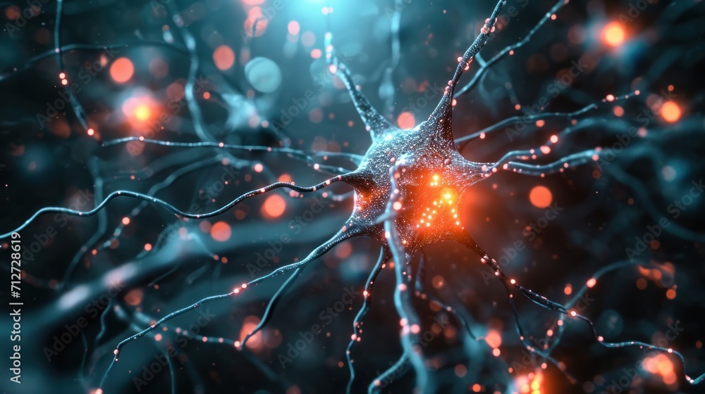 Conceptual illustration of neuron cells with glowing link knots in ...