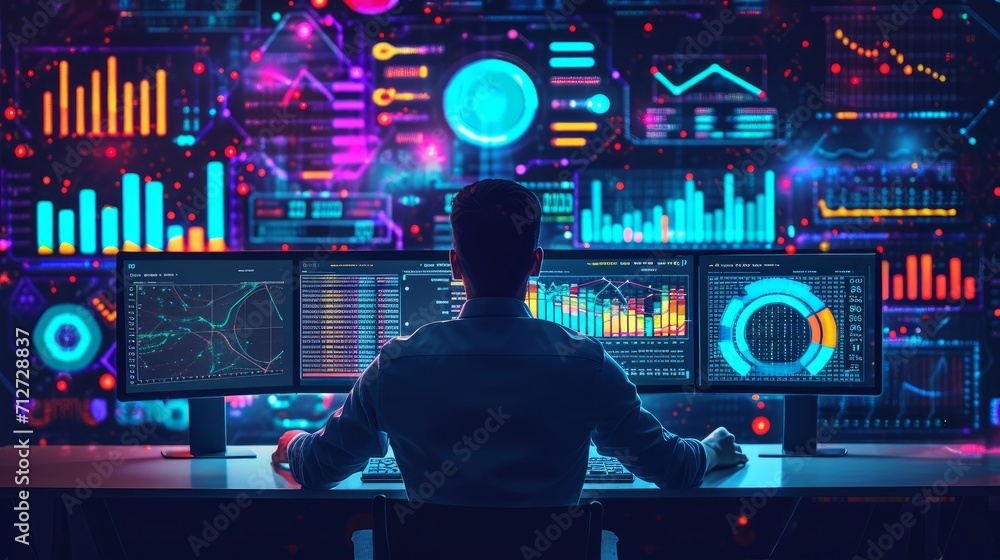 Data science and big data technology. Scientist computing, analyzing and visualizing complex ...