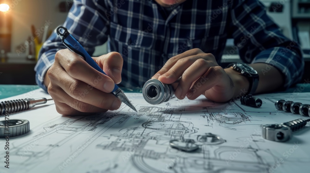 Engineer technician designing drawings mechanical parts engineering ...