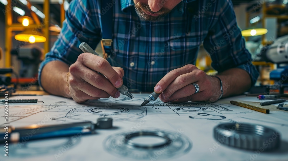 ภาพประกอบสต็อก Engineer technician designing drawings mechanical parts ...