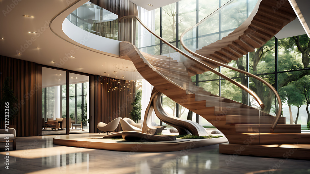 A multi-level staircase with a cascading design, featuring wooden steps ...