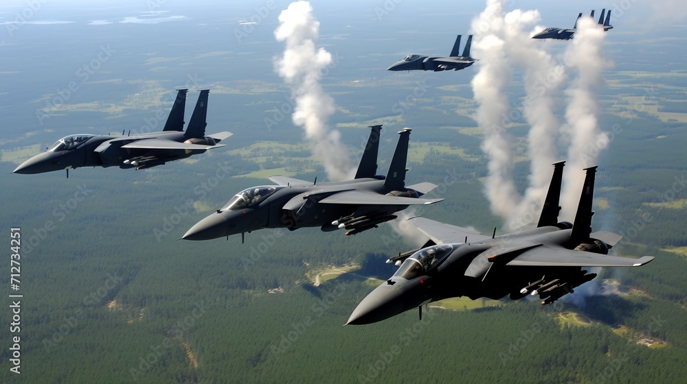 Military fighter jets in flawless formation during training exercise ...