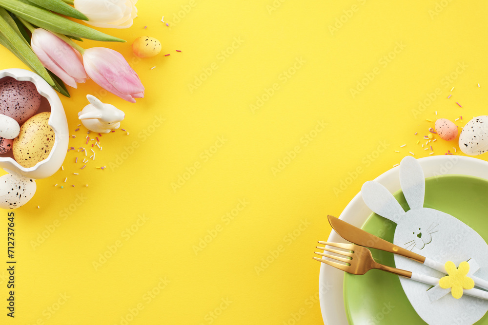 Springtime Celebration: Decorating the Easter Banquet. Top view shot of ...