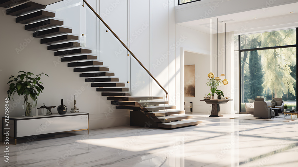 An elegant floating staircase with white marble steps and a thin black ...