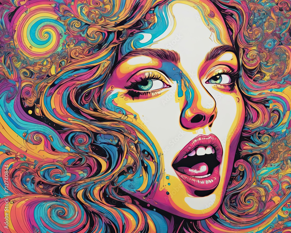 Psychedelic Love - Close-up illustration of a woman's euphoric and ...