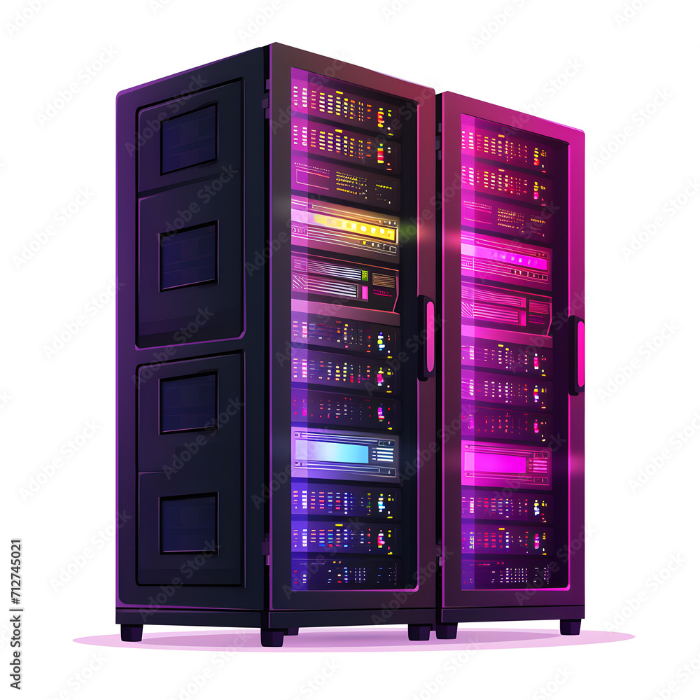 Network server racks in a data center isolated on white background, pop ...