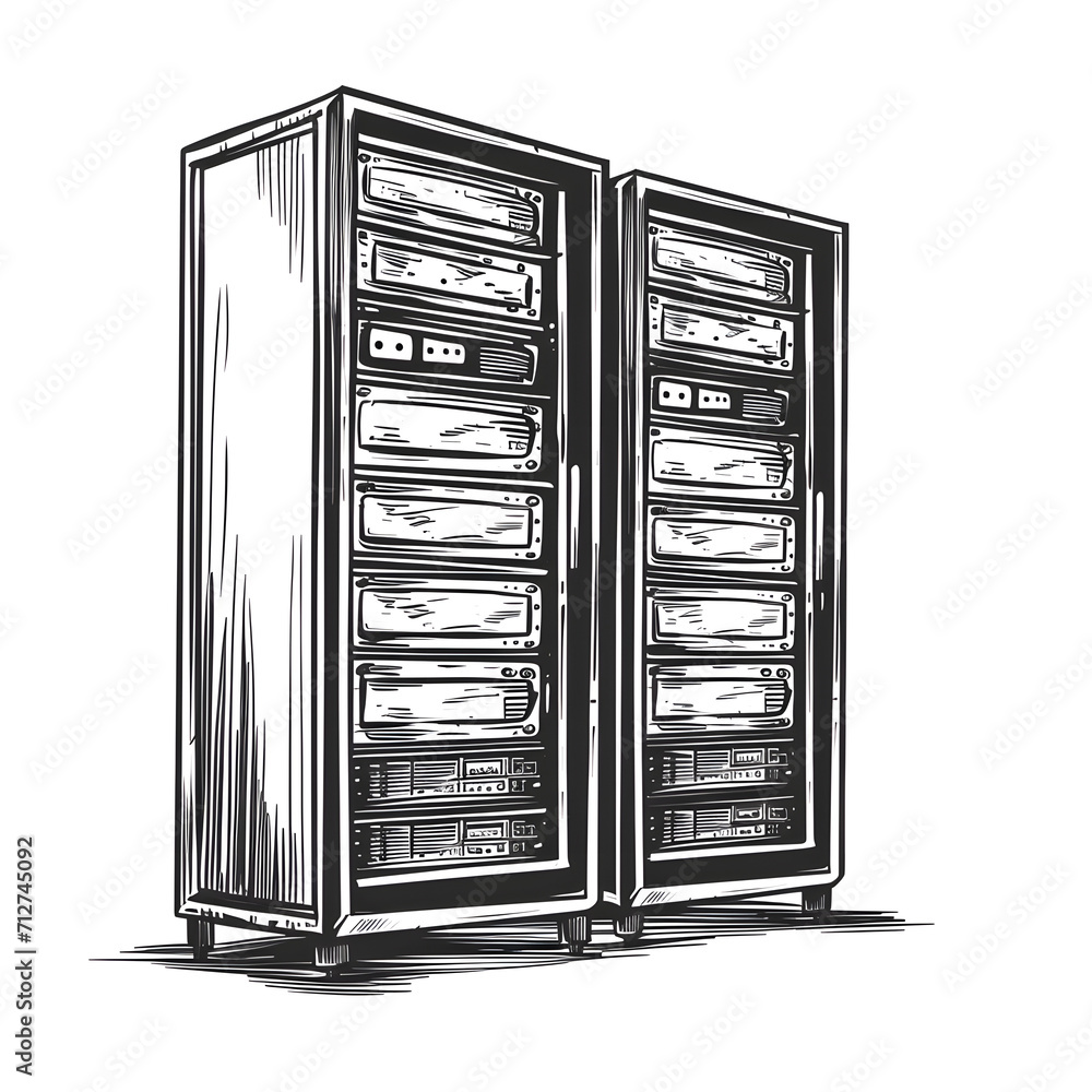 Network server racks in a data center isolated on white background ...
