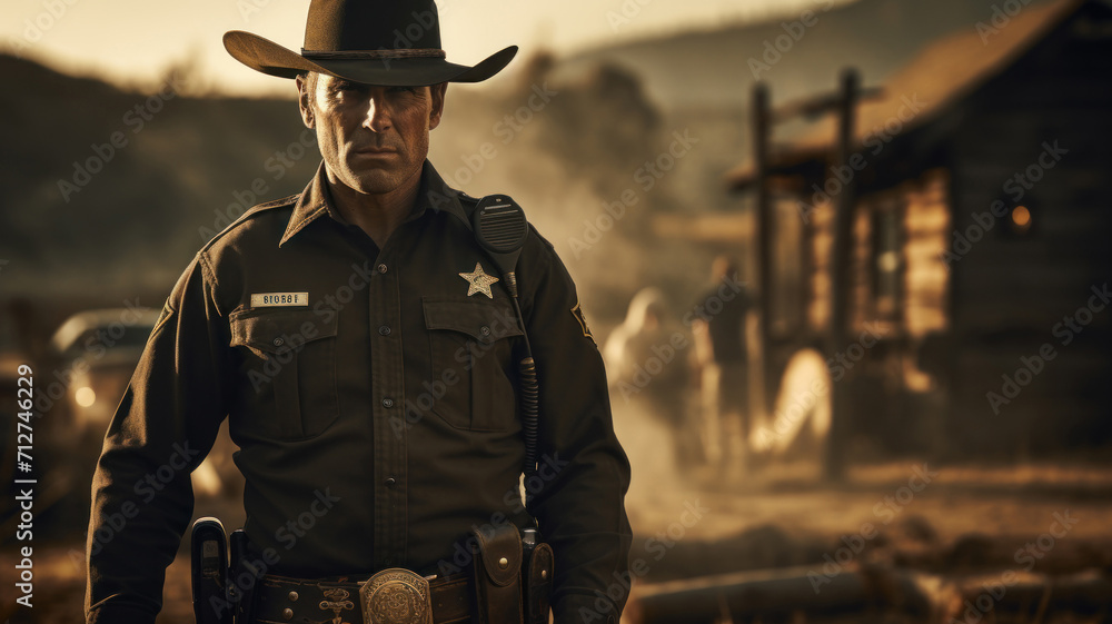 Cinematic portrait of sheriff in countryside, man wearing uniform on ...