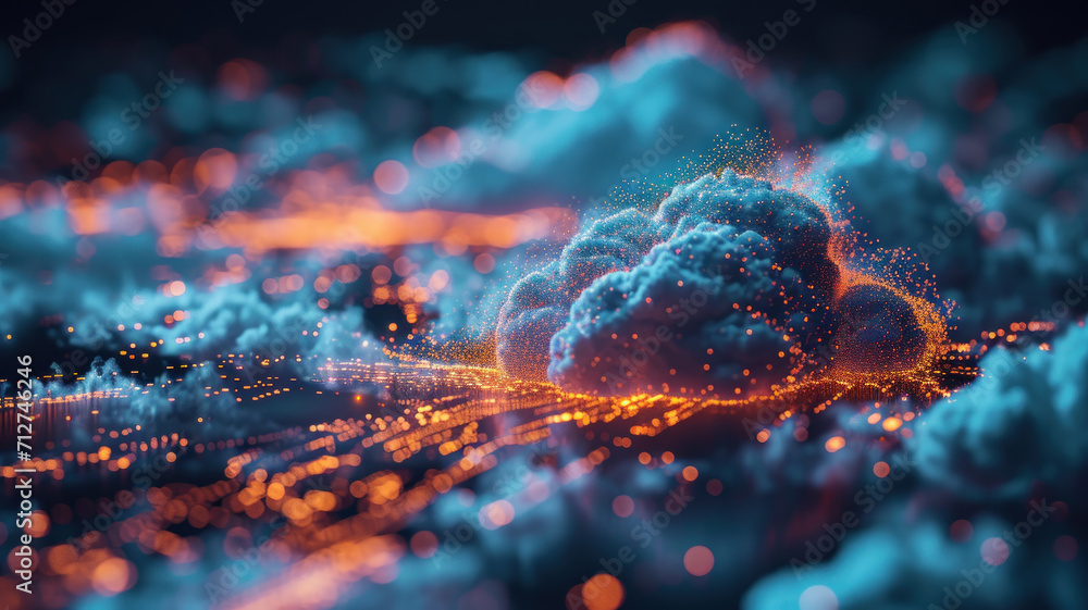 Digital blue clouds in dark space, neon waves and lights texture ...