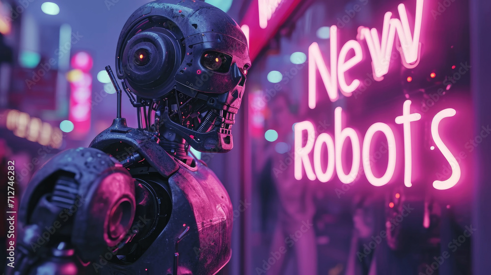 Old angry robot looks at neon sign of New Robots on cyberpunk city ...