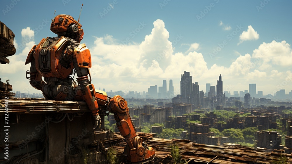 A solitary robot, covered in rust, sitting on the edge of a dilapidated ...
