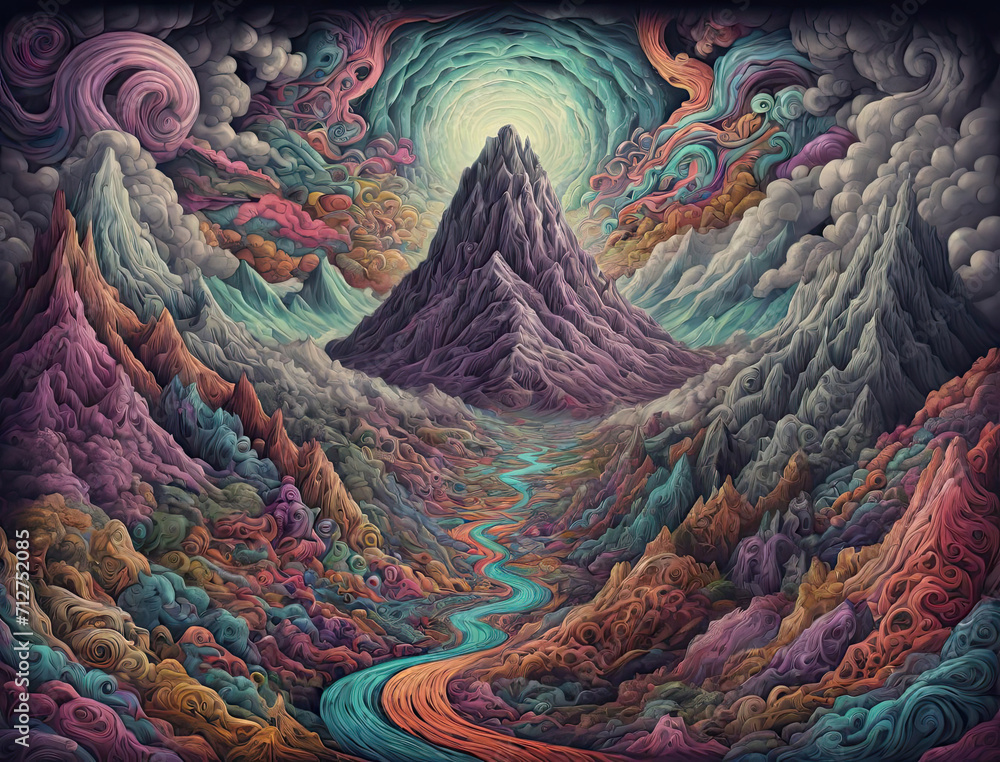Psychedelic DMT Trip - Close-up illustration of a mountain, monster ...
