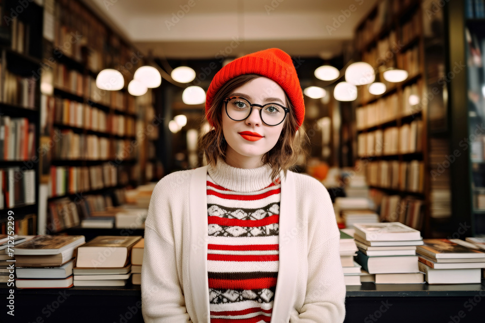 Embracing the preppy aesthetic, a young woman in glasses in a bookish ...