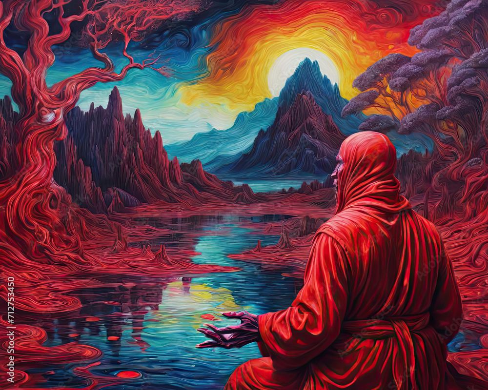 Psychedelic Lake Trip - Illustration of a close-up view of a monk by ...