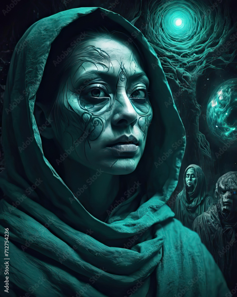 Psychedelic Trip - Close-up illustration of a monk's eye and a woman's ...