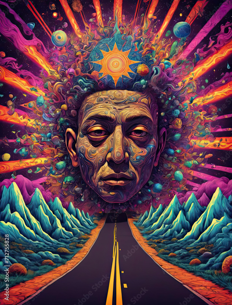 Psychedelic Trip - Close-up illustration of a road, monk, and intense ...