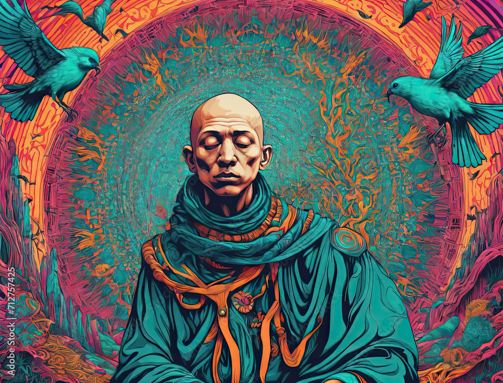 Psychedelic Trip - Close-up of a monk, music, and a bird of prey in a ...