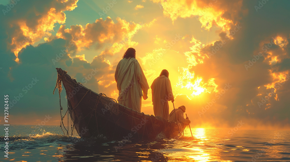 Jesus with his disciples in a boat, sailing on the sea Stock ...