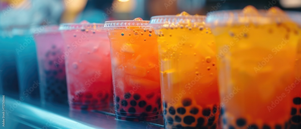 Boba tea with cassava starch balls in a snack bar, bright lighting and ...