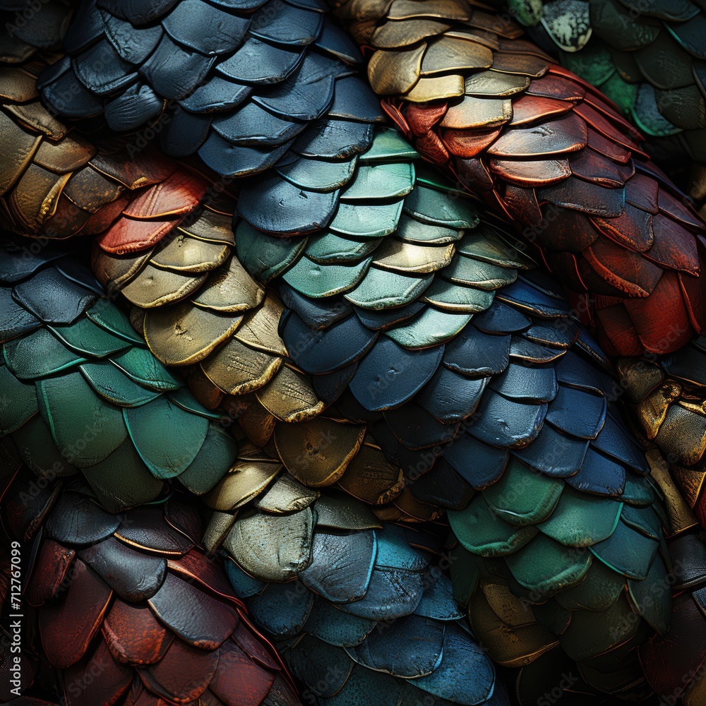 Pearlescent colored texture of scales in green and black shades, top ...