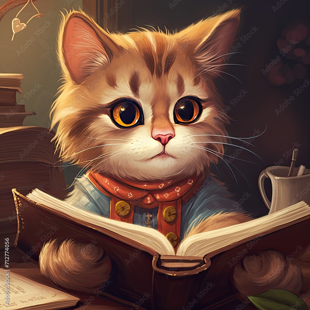 Cute cat or kitten reading a book cartoon illustration, print for ...