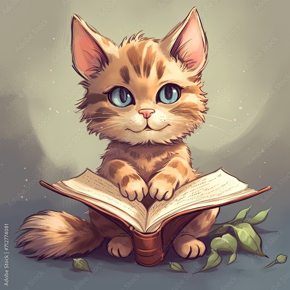 Cute cat or kitten reading a book cartoon illustration, print for ...